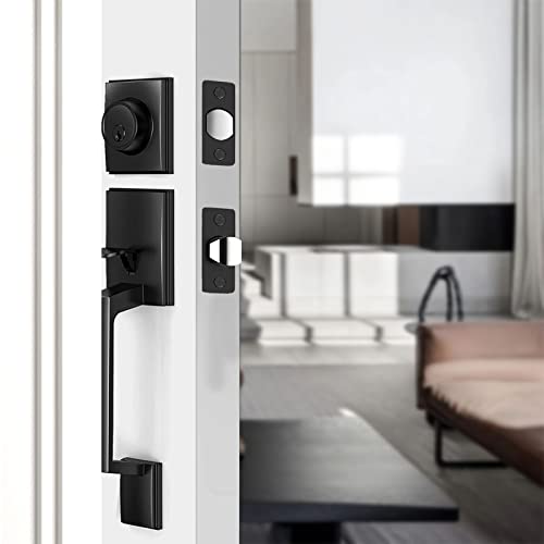 Tionzion Front Door Handle, Single Cylinder Handleset with Deadbolt and Lever Door Handles for Exterior Door, Reversible for Right and Left-Handed, Entry Door Lock Set Matte Black Finish