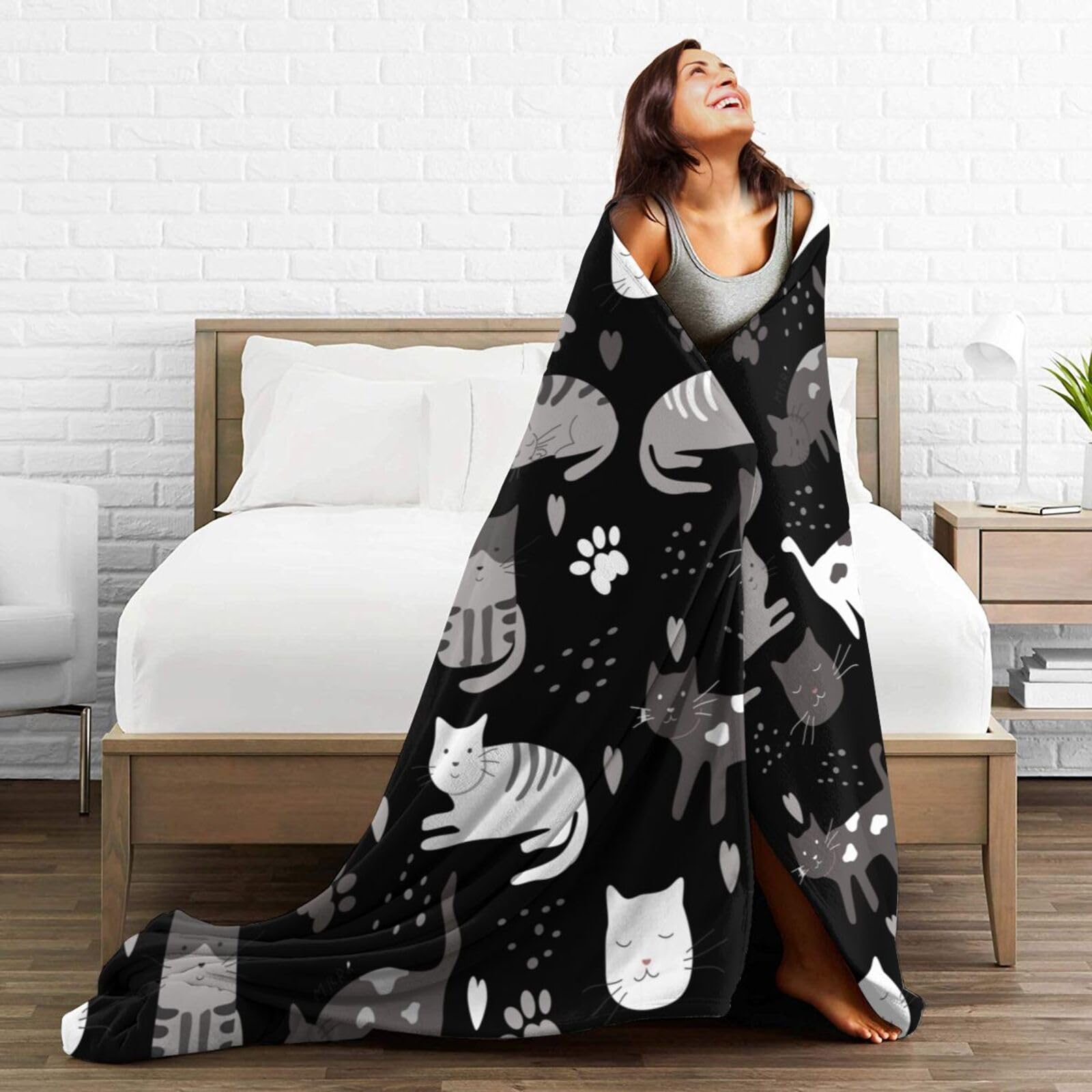 Perinsto Cats Paws Naive Childish (Black) Throw Blanket Ultra Soft Warm All Season Decorative Fleece Blankets for Bed Chair Car Sofa Couch Bedroom 60"X50"