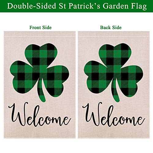 HUGSVIK St Patricks Day House Flags, 28 x 40 Double Sided Saint Patrick's Day Welcome House Flags, Buffalo Plaid Shamrock St Patrick’s Day Decorations Irish Decor for Farmhouse Garden Yard Porch
