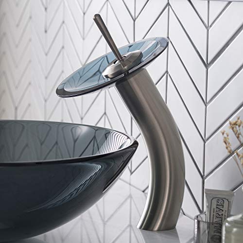 Single Lever Vessel Glass Waterfall Bathroom Faucet Satin Nickel with Black Clear Glass Disk and Matching Pop Up Drain