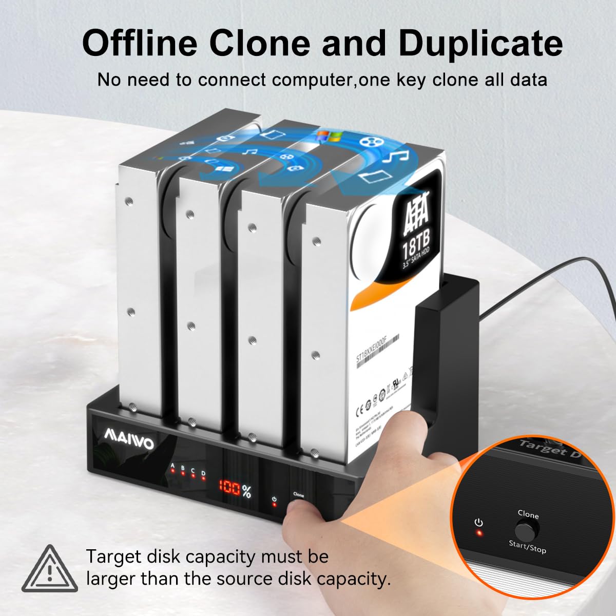 MAIWO 4 Bay Hard Drive Duplicator Dock for 2.5" & 3.5" SATA SSD HDD,SATA Offline Cloner/Duplicator with Indicator Light,80TB(4x20TB) Storage Expansion