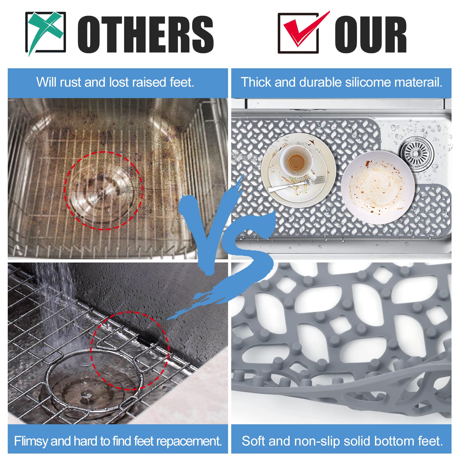 JUSTOGO Silicone Sink Mat, Left & Right Drain Sink Protectors for Kitchen Sink Grid Accessory, 1 PCS Non-slip Sink Mats for Bottom of Kitchen Farmhouse Stainless Steel Porcelain Sink (28.2''x 14.2'')