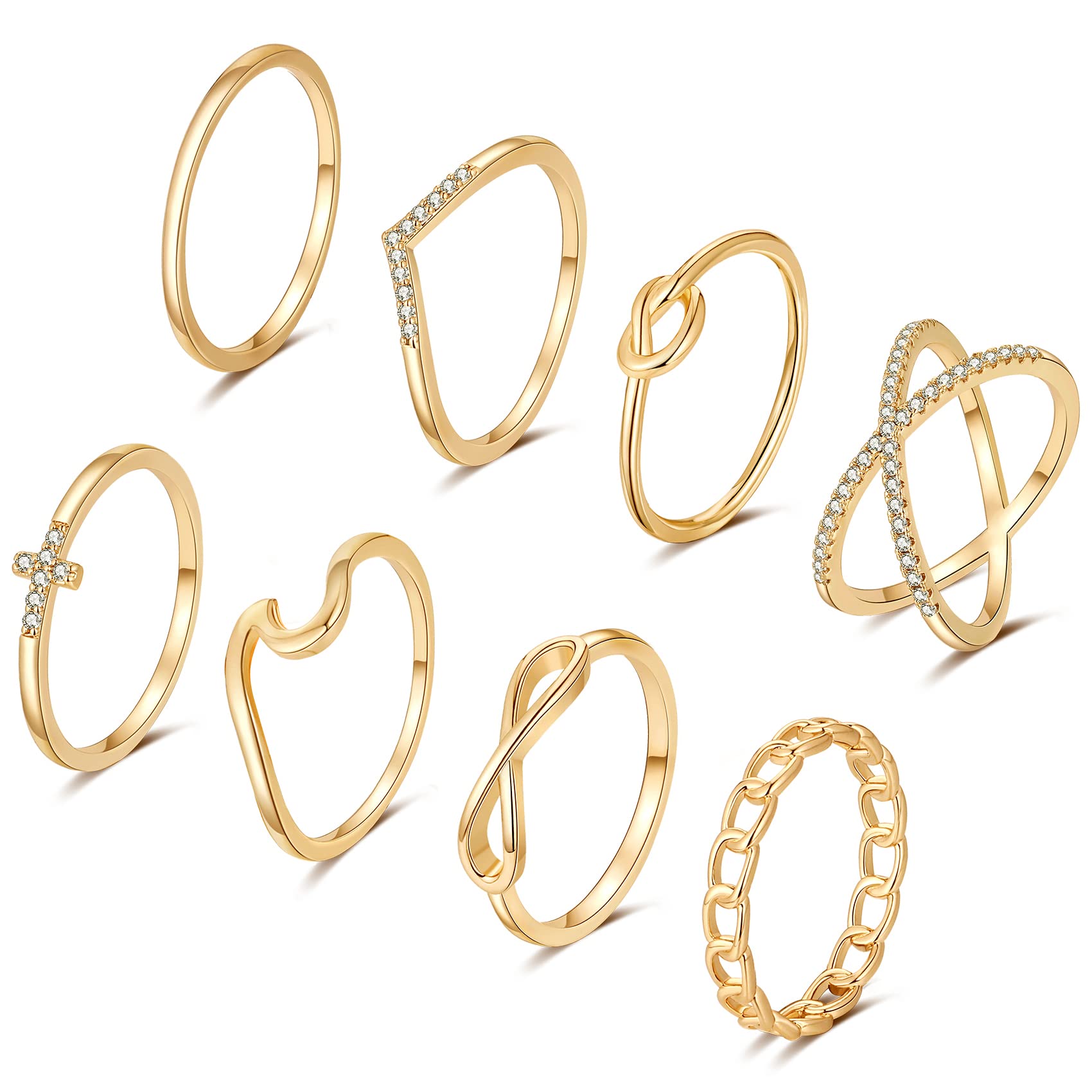 FUNEIA 8PCS 14K Gold Plated Stacking Rings for Women Size 4 to Size 12 Gold Silver Stackable Knuckle Rings Set for Teen Knot Wave Simple Thumb Thin Wedding Plain Band Rings