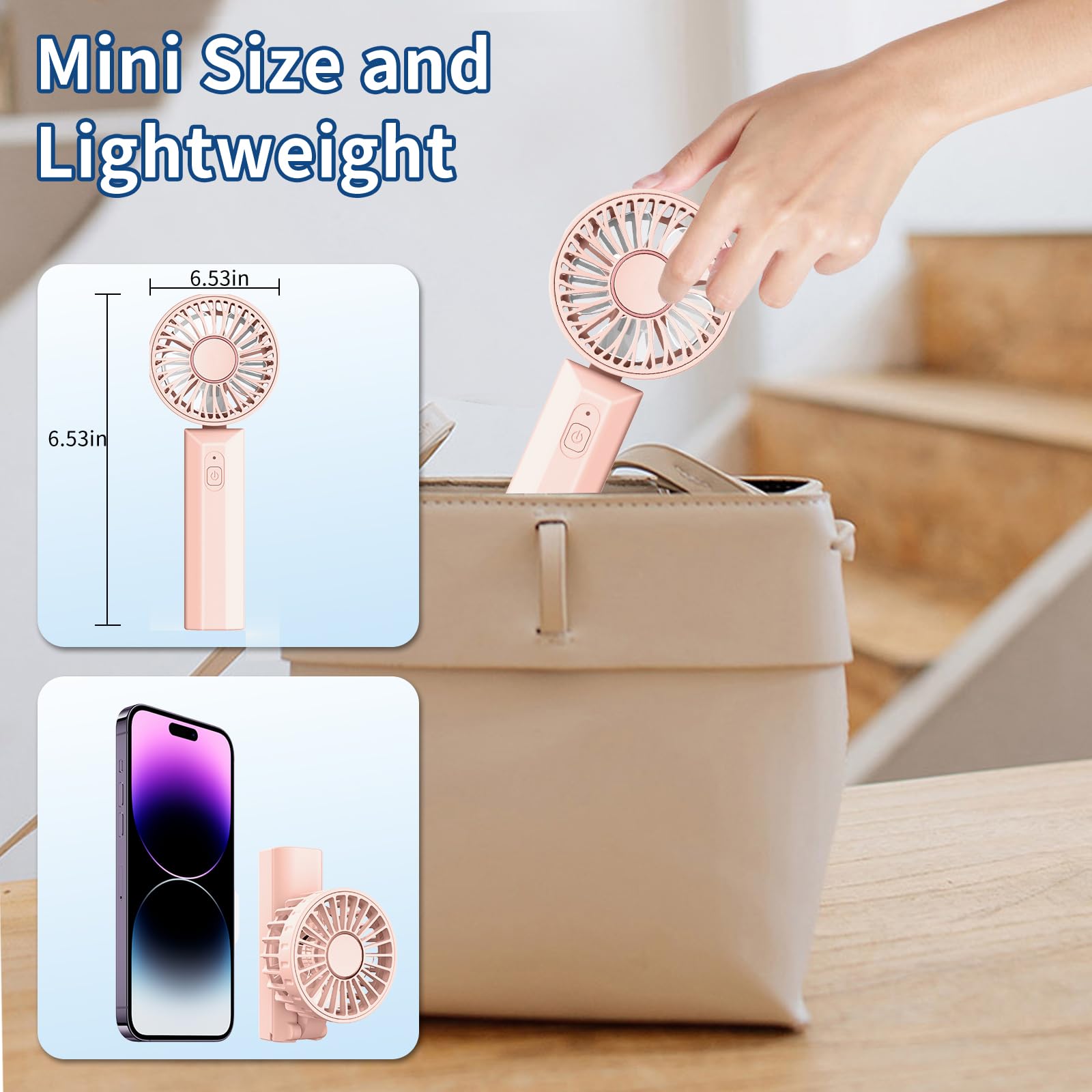 LIEWET Mini Handheld Fan, Neck Fan, Portable Fan Rechargeable, 2500mAh Rechargeable USB Fan, 180° Adjustable,3 Speed Personal Small Desk Fan, Strong Airflow, Super Quiet Pink