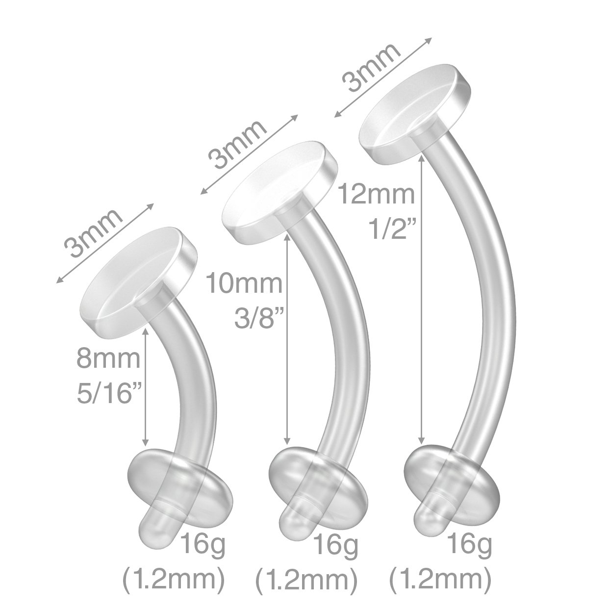 Evonix 6pc 16g Bioflex Belly Button Retainers Clear Invisible Plastic Rings Bioplast Navel - 6mm 8mm 10mm