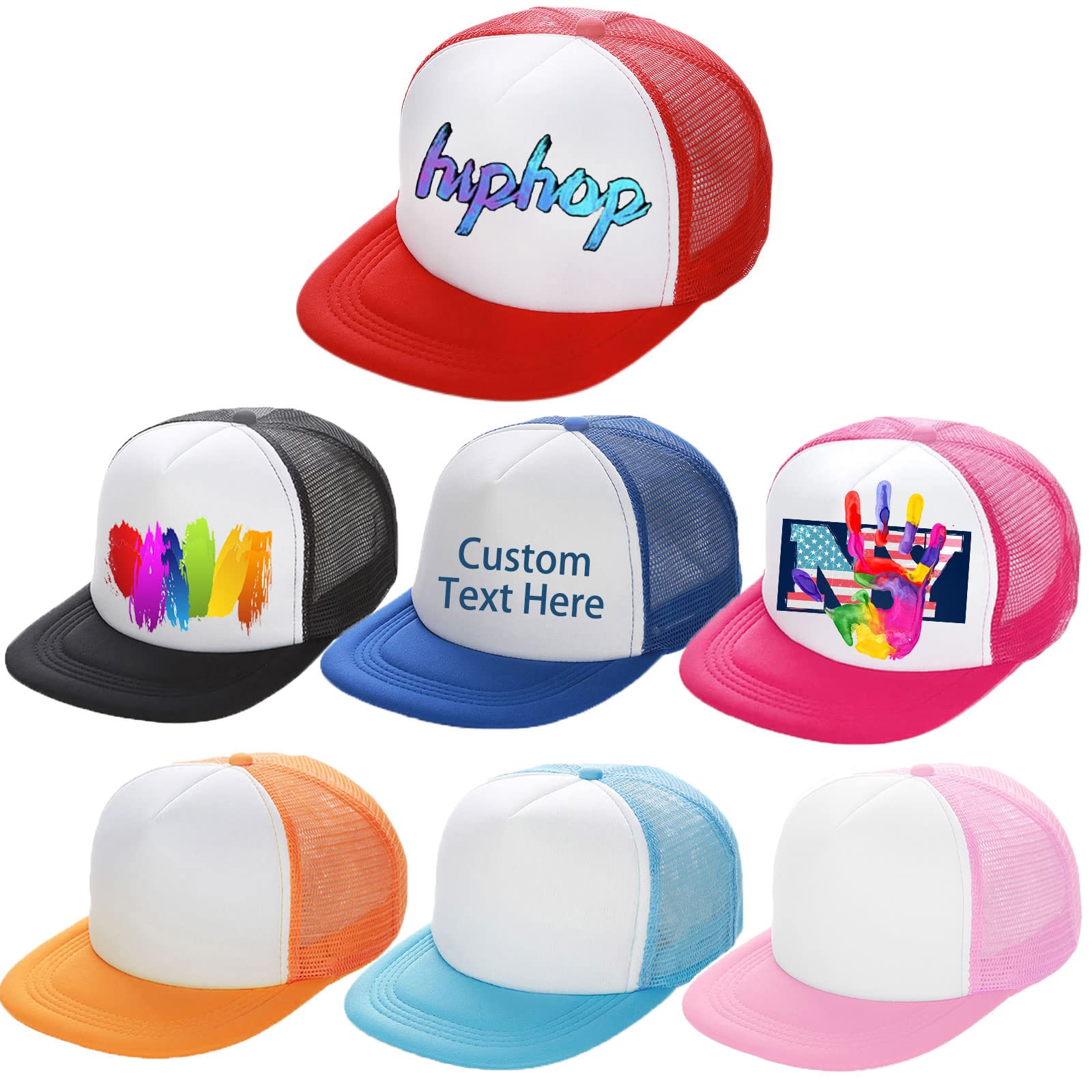 Funkeet 7 Pack Snapback Hat Blank Sublimation Flat Bill Trucker Hat Hip-Hop Mesh Back Baseball Cap for Men Women (7pcs-Multicolor 02)