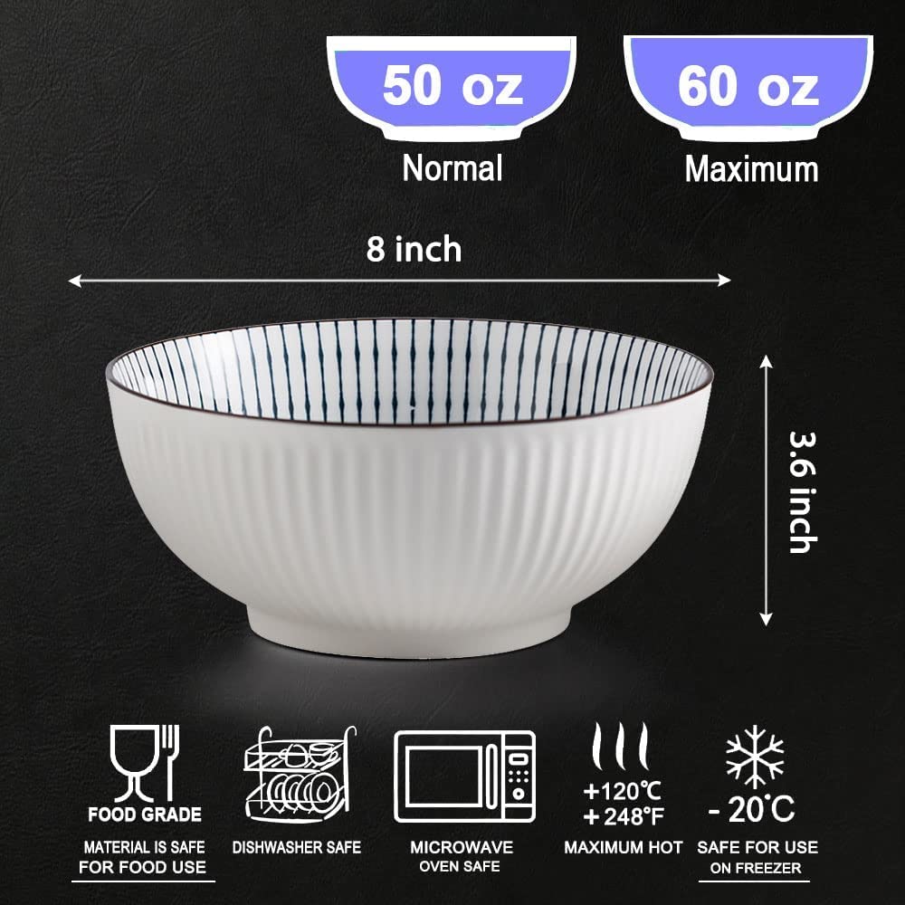Houlu 60 oz Pho Bowls, Large Soup Bowl, Japanese Ramen Bowl Set, 8 inches Big Porcelain Bowls Set of 3, Striped Pattern