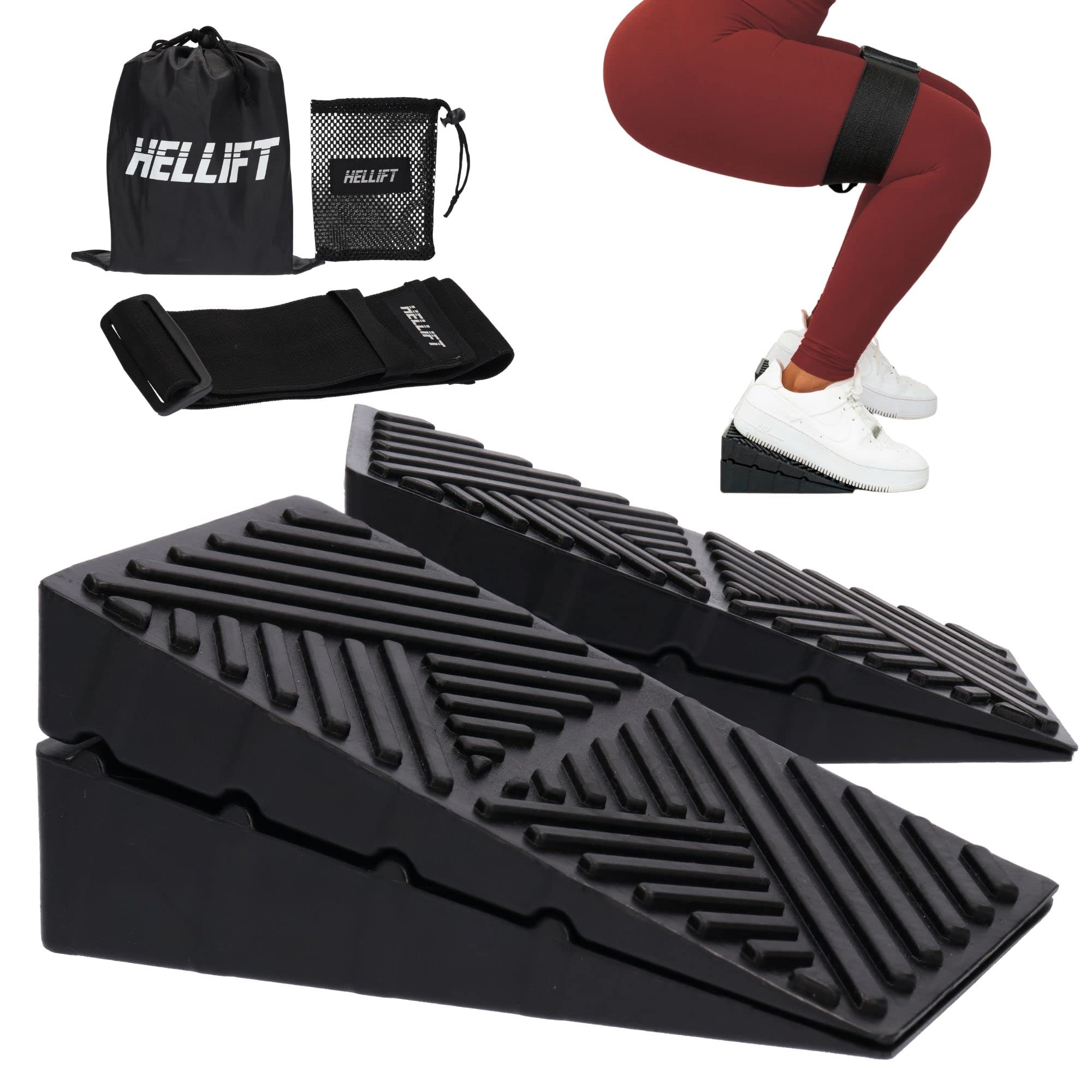 HELLIFT Squat Wedge Block for Heel Elevated Squats & Resistance Band Sets (5PCS) - Non-Slip Deadlift Weight Lifting Adjustable Rubber Calf Stretcher Black