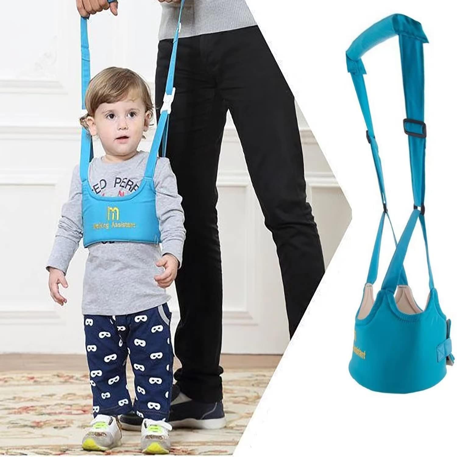 KHuinen Handheld Baby Walking Harness Baby Walker, Adjustable Handheld Standing Up and Walking Kids Walker Helper for Toddler 7-24 Month Old (Sky Blue)