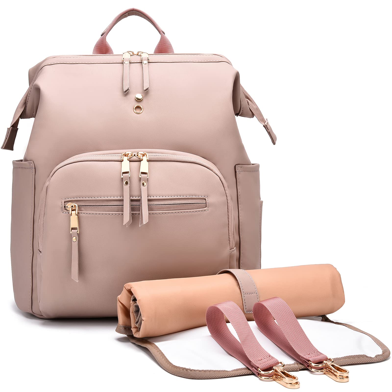 I IHAYNER Diaper Bag Backpack for Mom Leather Waterproof Multifunctional Large Capacity for Wet Clothes, Breast Pump, Milk Bottle Travel Baby Bag with Changing Pad, Stroller Straps Pink