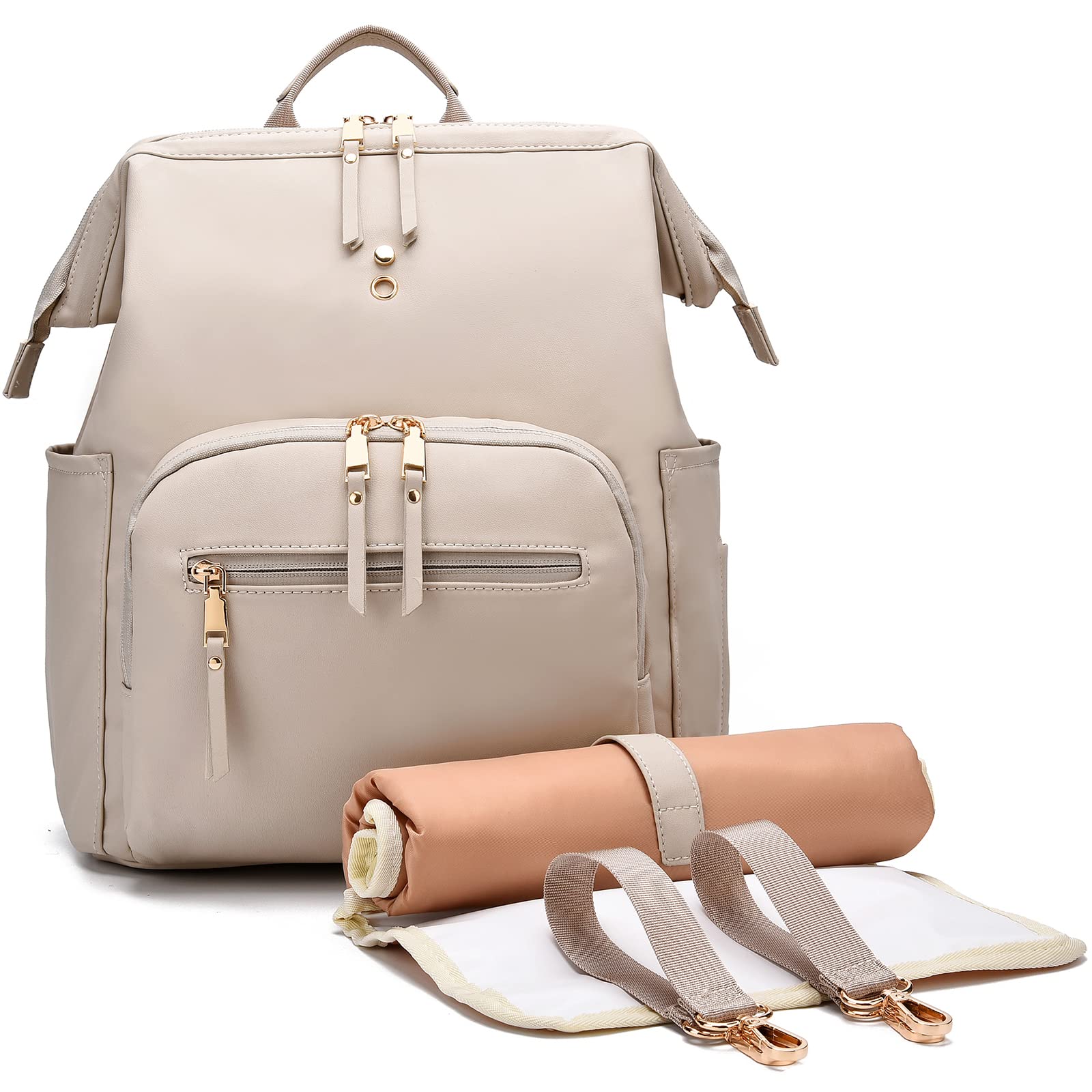 I IHAYNER Diaper Bag Backpack for Mom Leather Waterproof Multifunctional Large Capacity for Wet Clothes, Breast Pump, Milk Bottle Travel Baby Bag with Changing Pad, Stroller Straps Off-White