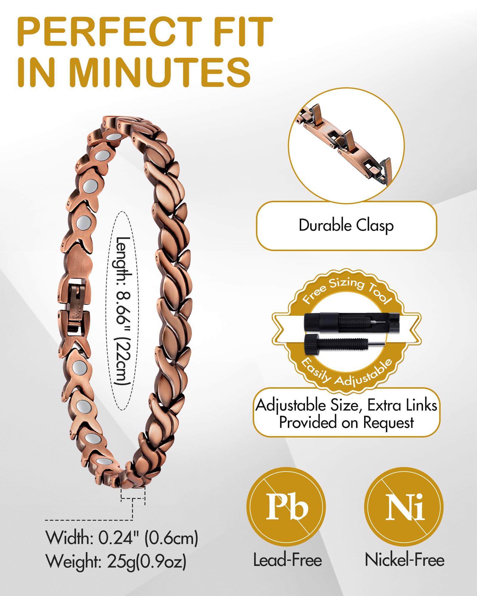 Feraco Copper Bracelets for Women, 99.99% Pure Copper Magnetic Bracelets with Effective Neodymium Magnets, Adjustable Jewelry Gift with Sizing Tool (Fishtail)