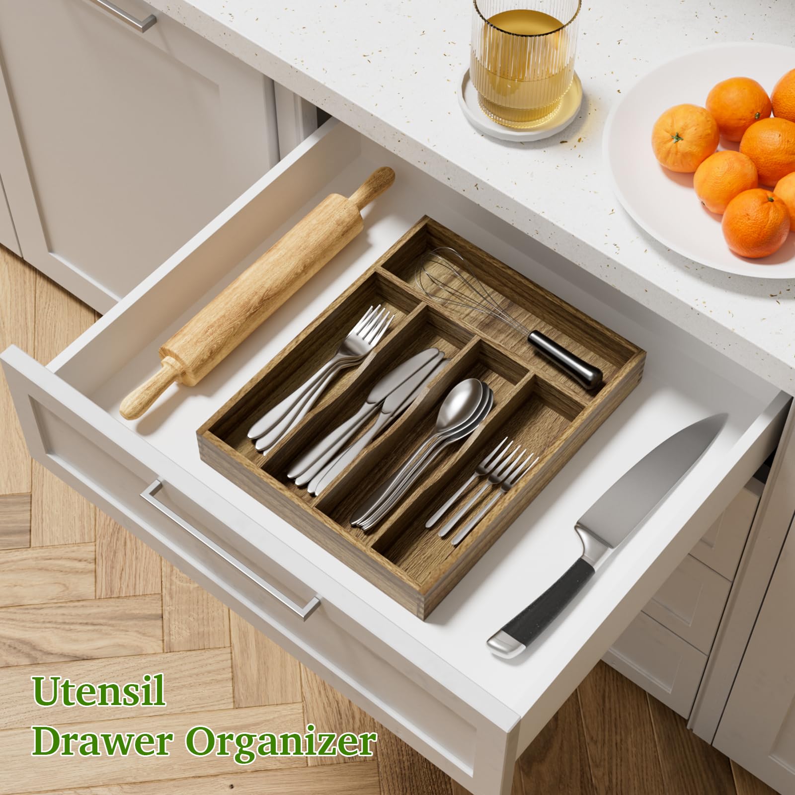Kiasthome Acacia Wood Kitchen Silverware Drawer Organizer, Expandable Utensil Cutlery Drawer Organizer with Dividers, Flatware Organizer Silverware Tray for Spoon, Fork, 13''-20''x16.9'' (7-9 Slots)
