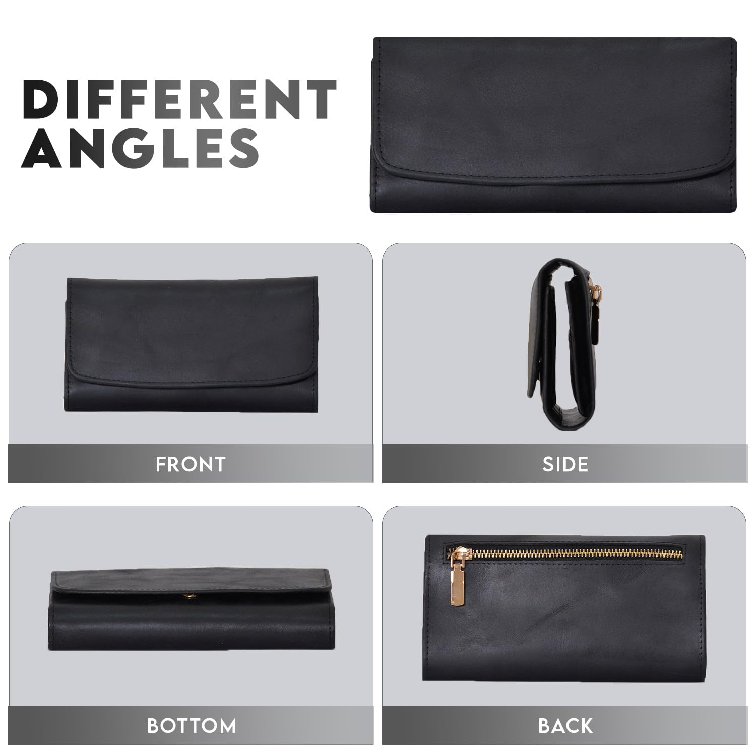 HUFFAM Genuine Leather Wallets for Women 2024 RFID Blocking Ladies Large Trifold Slim Clutch Black Wallet for Women - 13 Card Slots, 4 Cash Slots - Fits iPhone 14