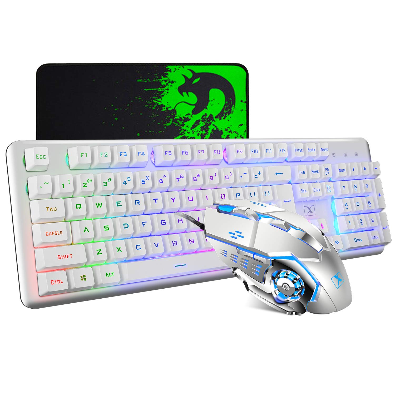 FELICON Mechanical Feeling Gaming Keyboard and Mouse Mousepad Combo,104 Keys Rainbow Backlit Gamer Keyboard and Mice Set,Large Mice pad 2400DPI 7 Button La Souris for PC Laptop Mac