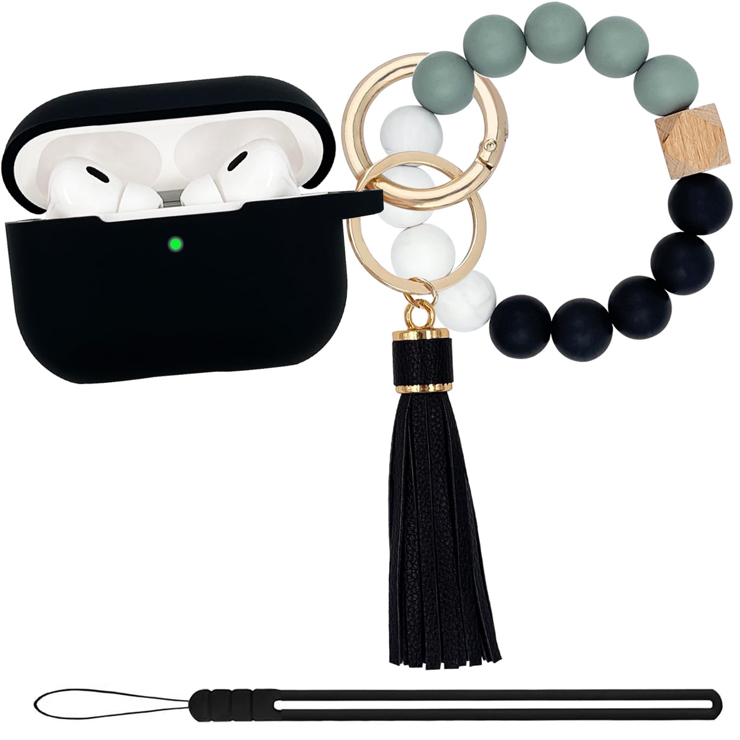 KOUJAON Compatible with Airpods Pro 2nd Generation Case Cover 2022, Soft Silicone Protective Cover with Bracelet Keychain for Apple Airpods Pro 2 Case for Women Girls (Black)