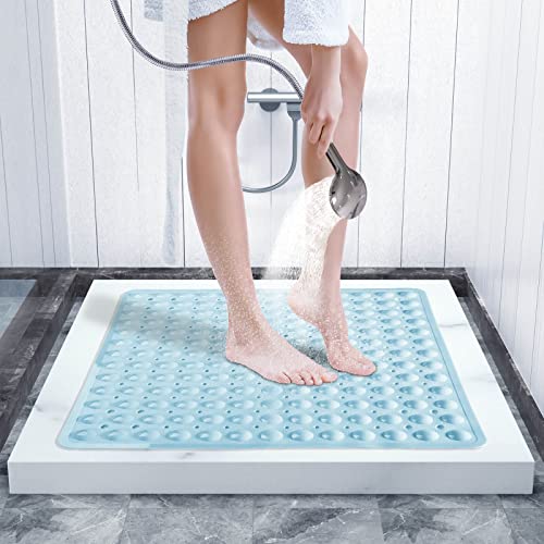 Yimobra Shower Bathtub Mat Non Slip, 21x21 Inch, Soft Square Bath Mat for Tub with Suction Cups and Drain Holes, Stall Floor Mats for Bathroom, Machine Washable, Bathroom Accessories, Light Blue
