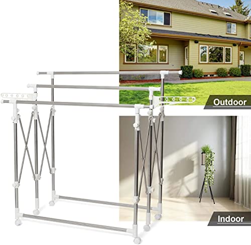 Todeco Clothes Drying Rack, Foldable Stainless Steel Laundry Drying Hanger Rack on Wheels for Laundry with Extendable Rods and Hanging Rail for Indoor Outdoor
