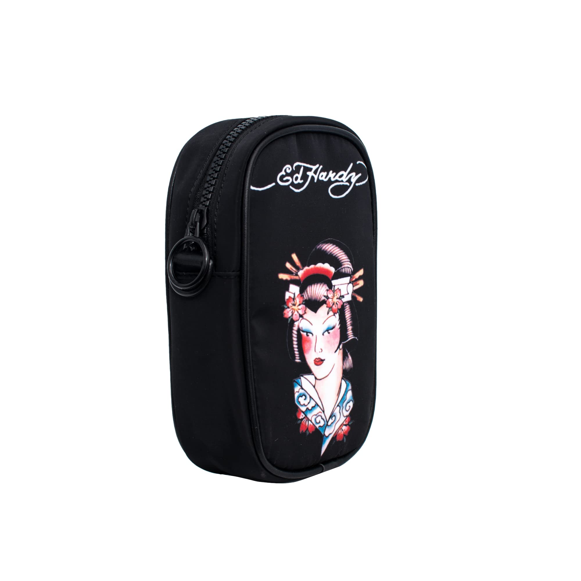 ED HARDY Unisex Black/Black Geisha Tatoo Print Nylon Phone Crossbody Bag With Adjustable Shoulder Strap