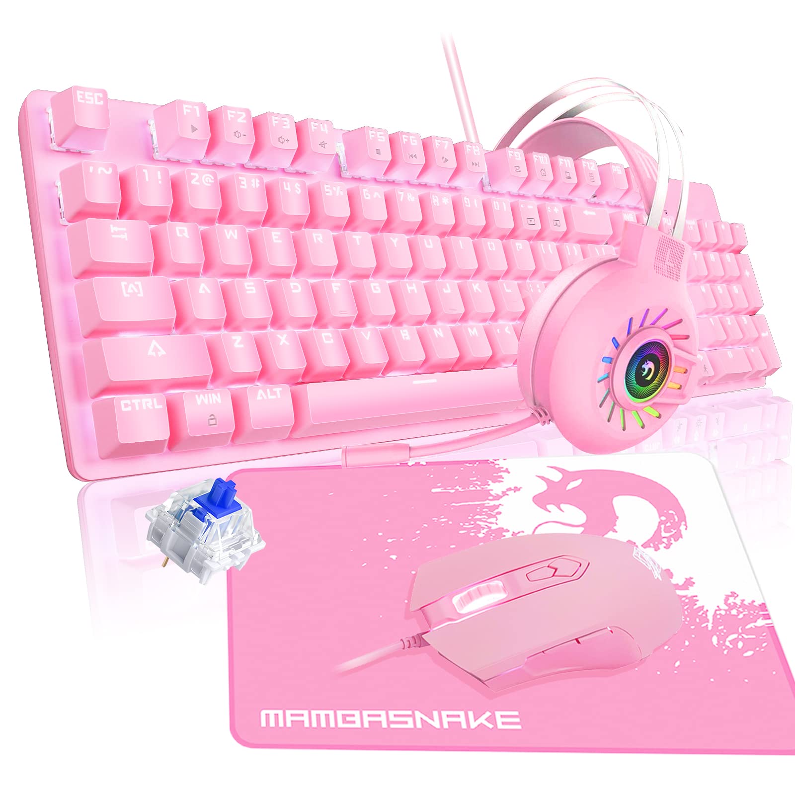 FELICON Pink Mechanical Keyboard Mouse and Handset Combo with Mouse Pad, Full Anti-ghosting Wired Gaming Keyboard, Lightweight Gamer Mouse, Professionals RGB Over Headphone for PC, Laptop,Mac