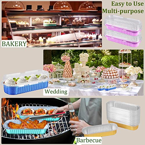 JOYKLE Mini Cake Pans with Lids,50 Pack Mini Loaf Baking Pans and Lids Covers,Aluminum Foil Long Baking Cups,Disposable Foil Cupcake Liners for Brownie Cake Bread Loaf Muffin (Multi)
