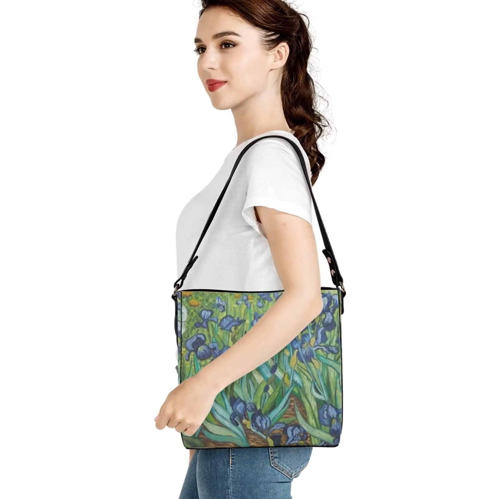 HUGS IDEA Van Gogh Iris Hobo Bag for Women with Adjustable Straps PU Leather Large Capacity Crossbody Handbags Shoulder Purse