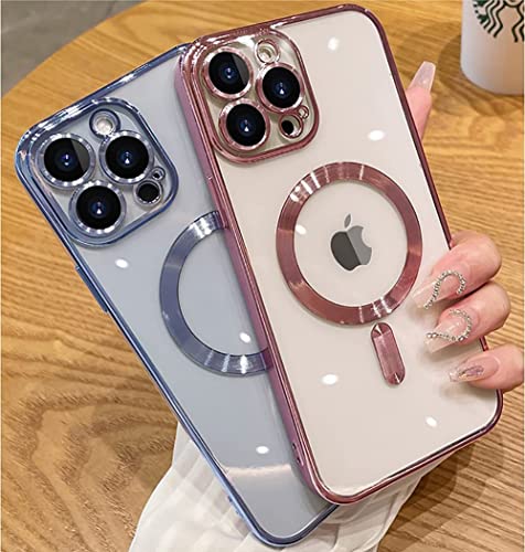 IKWZ Magnetic Clear Case for iPhone 14 Pro Max Case Compatible with MagSafe Camera Protector Gold Electroplate Edge Shockproof Soft Case for iPhone 14 Pro Max Case (6.7 Inch) (Blue)
