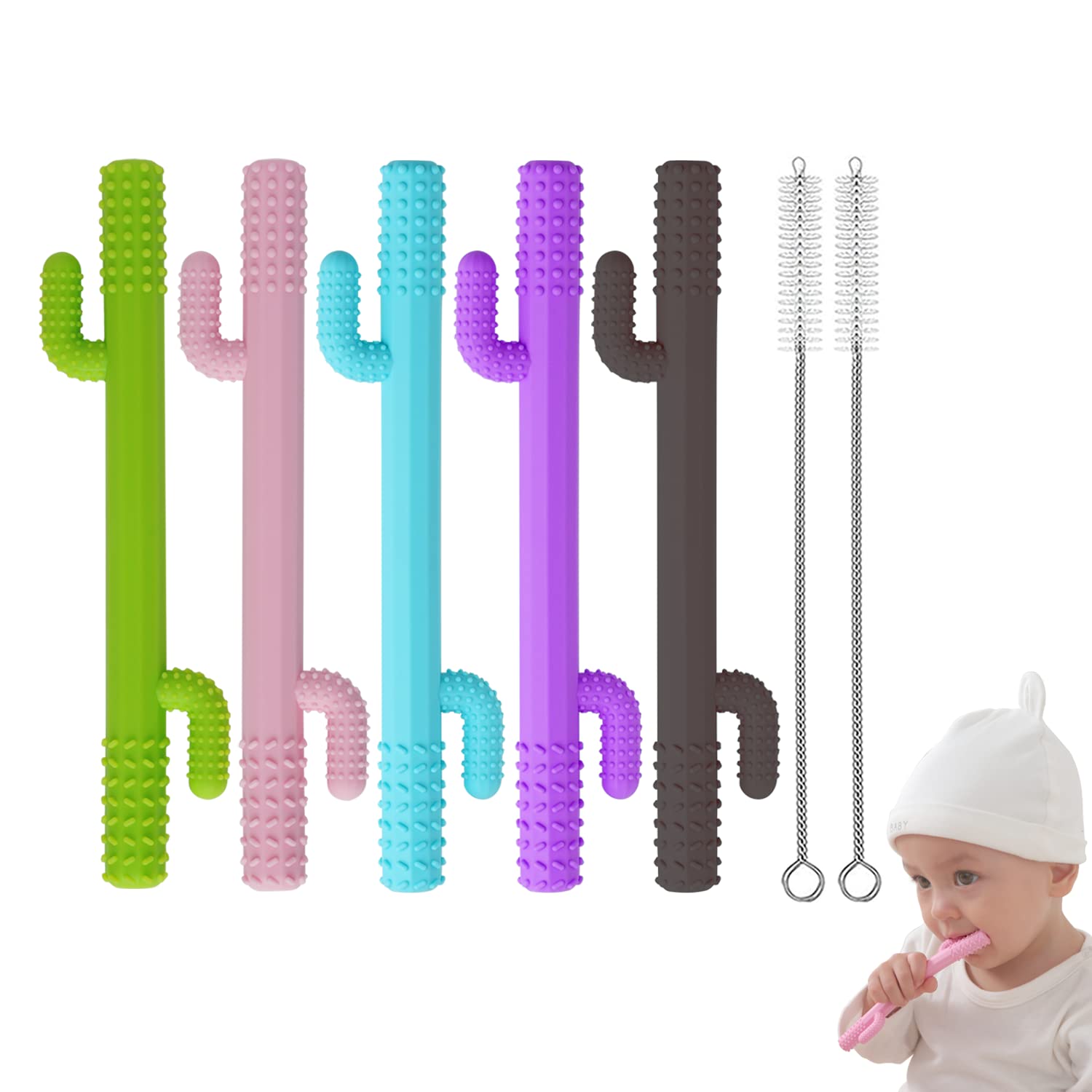 Hollow Teether Tubes, 5 Pack Chew Straw Toy with 2 Brushes, Windolphin Teething Toys for Babies 0-12 Months, Baby Molar Toy, Free BPA, Dishwasher and Freezer Safe