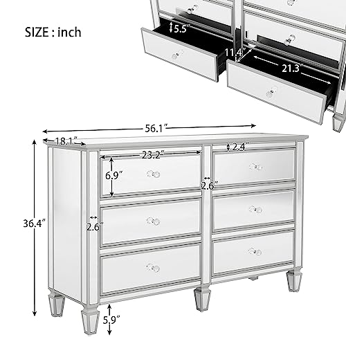 SOFTSEA Modern 6 Drawer Mirrored Dresser, Glass Dresser & Chest of Drawers for Bedroom, Silver Finished Storage Cabinet with Crystal Knobs, Easy Assembly