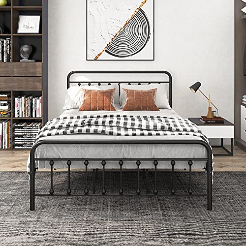 FANYHOME Queen Size Classic Metal Platform Bed Frame Mattress Foundation with Victorian Style Iron-Art Headboard/Footboard/Under Bed Storage/No Box Spring Needed/Black