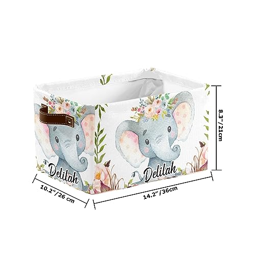 Girl Floral Elephant Personalized Storage Bins Baby Shelf Basket Custom Organizer with Handle for Bedroom Nursery Toy 1 Pack