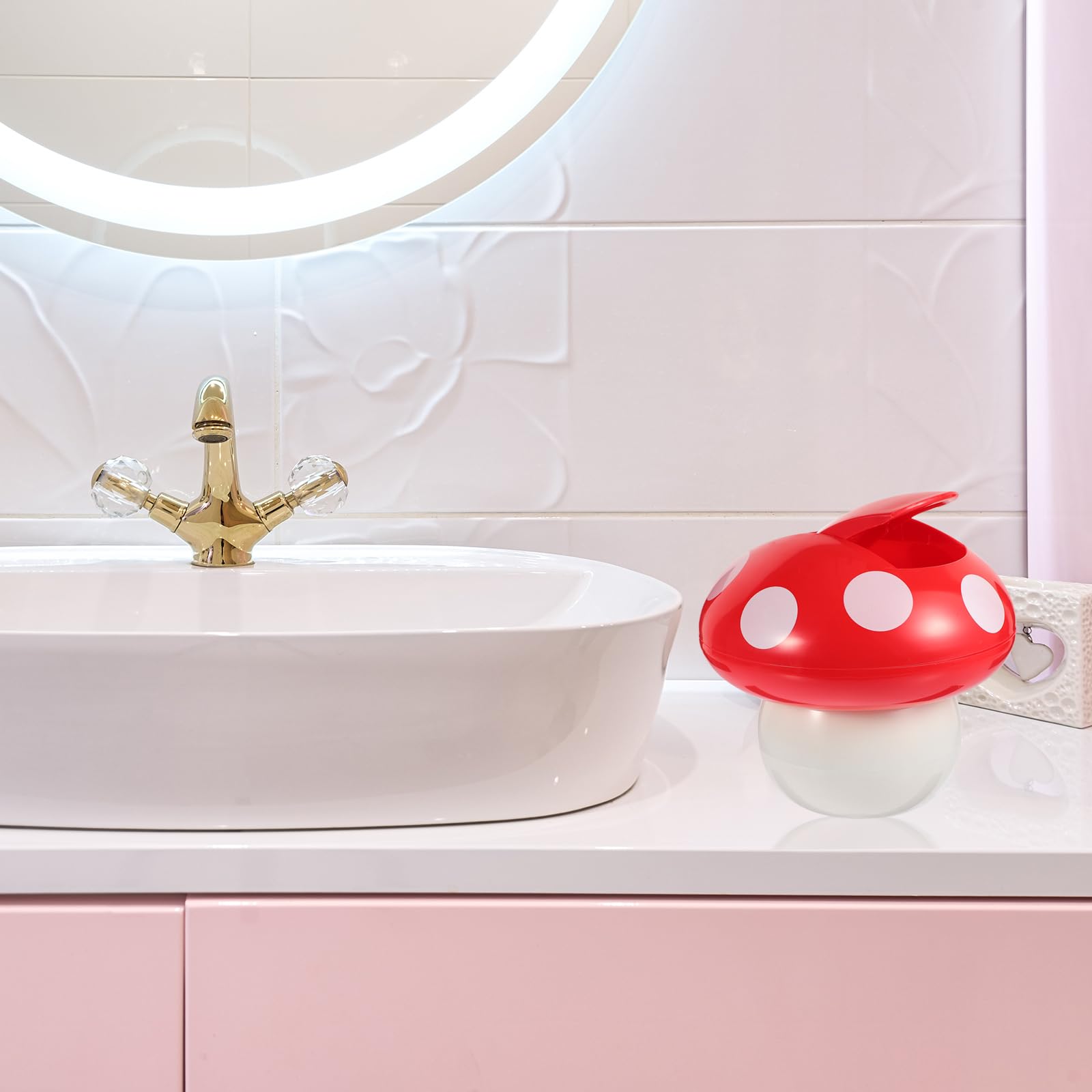 MAGICLULU Mushroom Mini Trash Can with Lid, Tiny Desktop Garbage Bin Plastic Mini Wastebasket Trash Can Cute Wastepaper Basket for Bathroom Vanity Tabletop Mushroom Decor