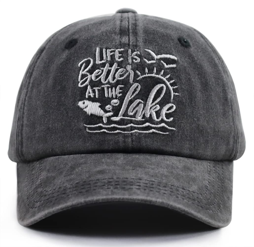 Funny Lake Accessories Decorations Gifts, Lake Life Summer Hats for Women Men, Life is Better at The Lake Sun Hat, Vintage Adjustable Cotton Embroidered Boat Beach Baseball Cap