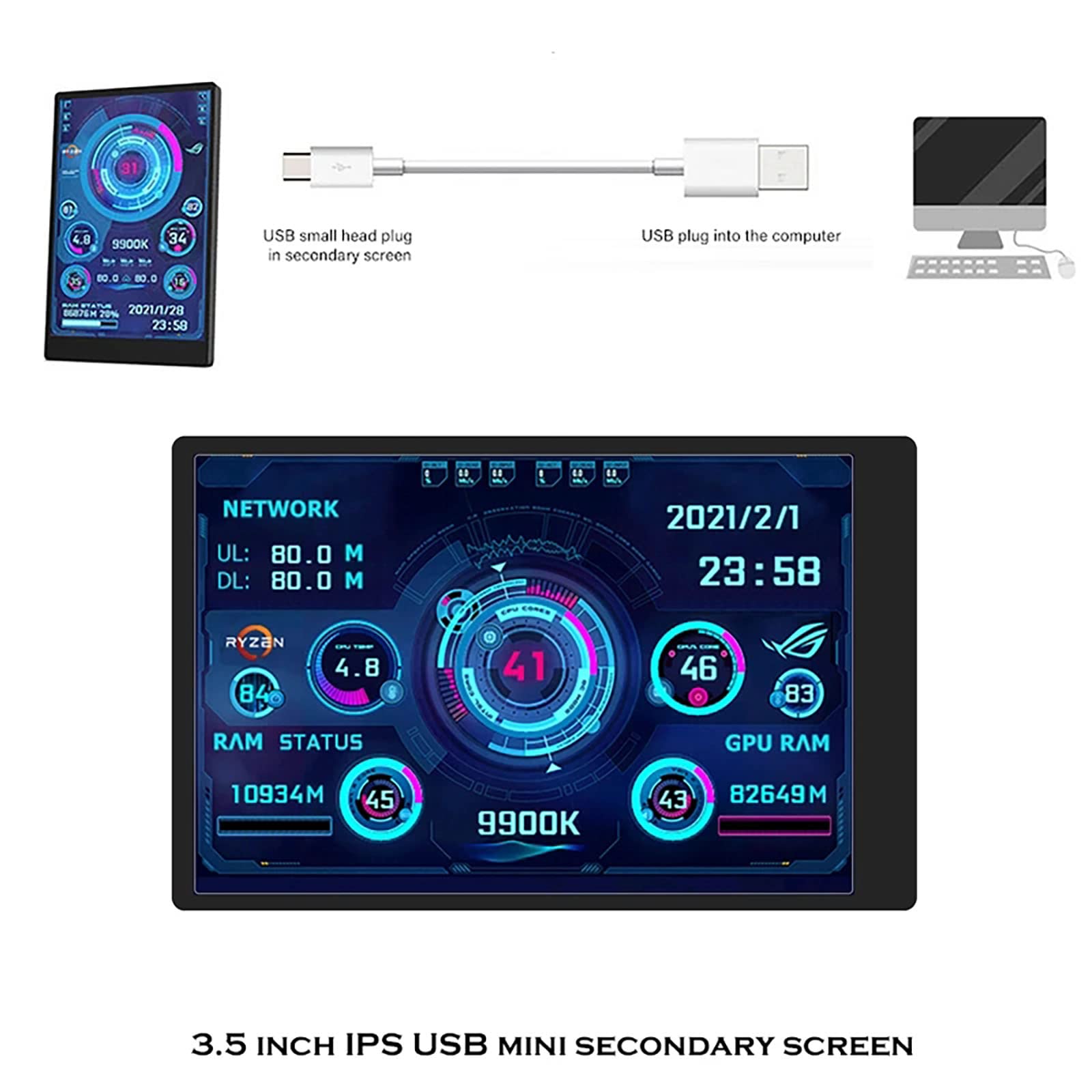 iFCOW Computer Temperature Monitor, PC Temperature Display, 3. 5in IPS USB Mini Secondary Screen CPU GPU RAM HDD Monitor USB Display