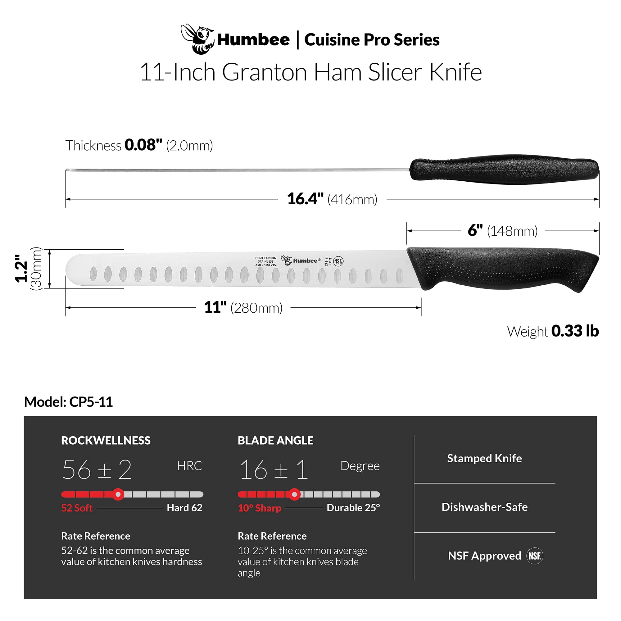 HUMBEE Chef 11-Inch Carving Knife with Granton Edge for Turkey Ham Meat Slicing and cutting NSF Certified CP5-11 Black