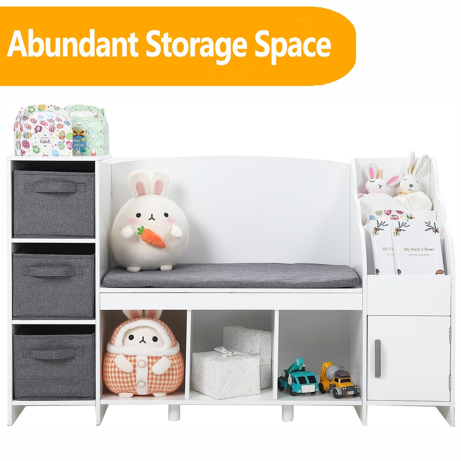 Kids Bookshelf with Reading Nook, Bookcase with Detachable Cushion ,Storage Organizer with Book Rack for Bedroom, Playroom, Gift for Boys and Girls, White