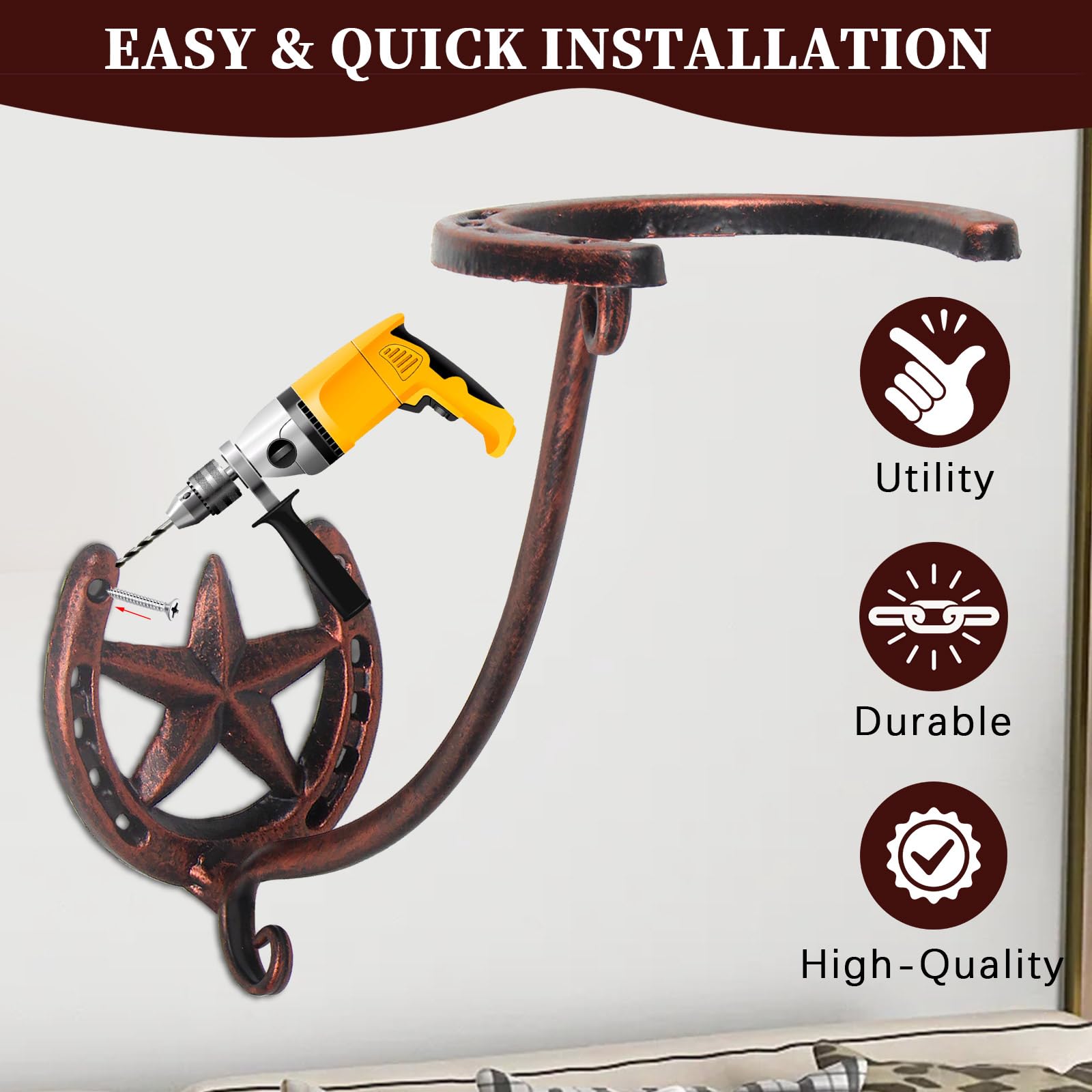 Kilarero Cowboy Hat Rack, 2 Pack Rustic Metal Cowboy Hat Holder with Hooks Horseshoe Cast Iron Hat Hanger for Wall Western Home Decor Storage and Display - Keeps Original Shape