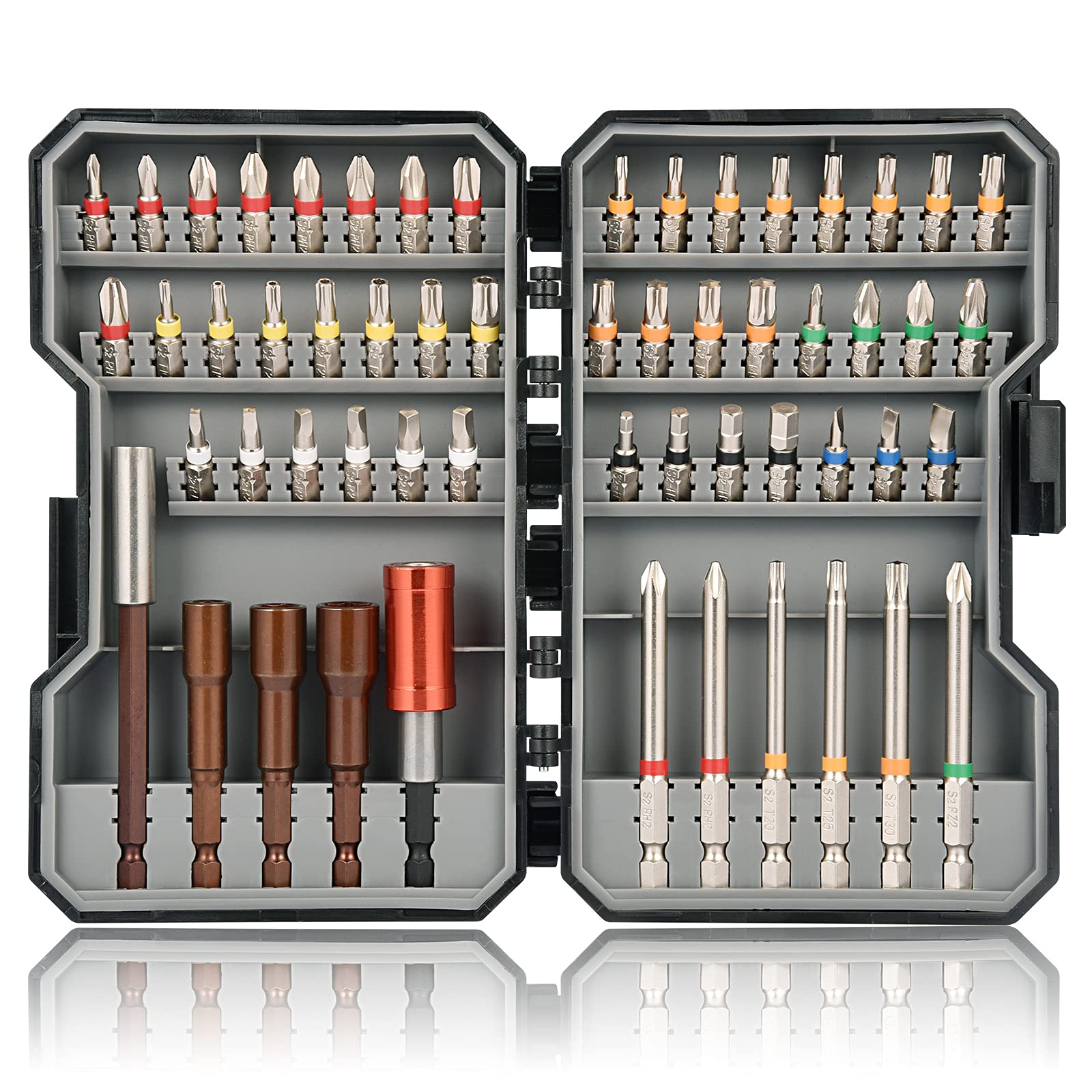 GreaTalent 56in1 S2 Steel Impact Driver Bit Set 1/4" Hex Shank, Torx/Torx Security/Phillips/Flathead/Hexagon/Square/Pozidriv/Quick Release Bit Holder, NutDrivers, Impact Rated (Upgraded Version)