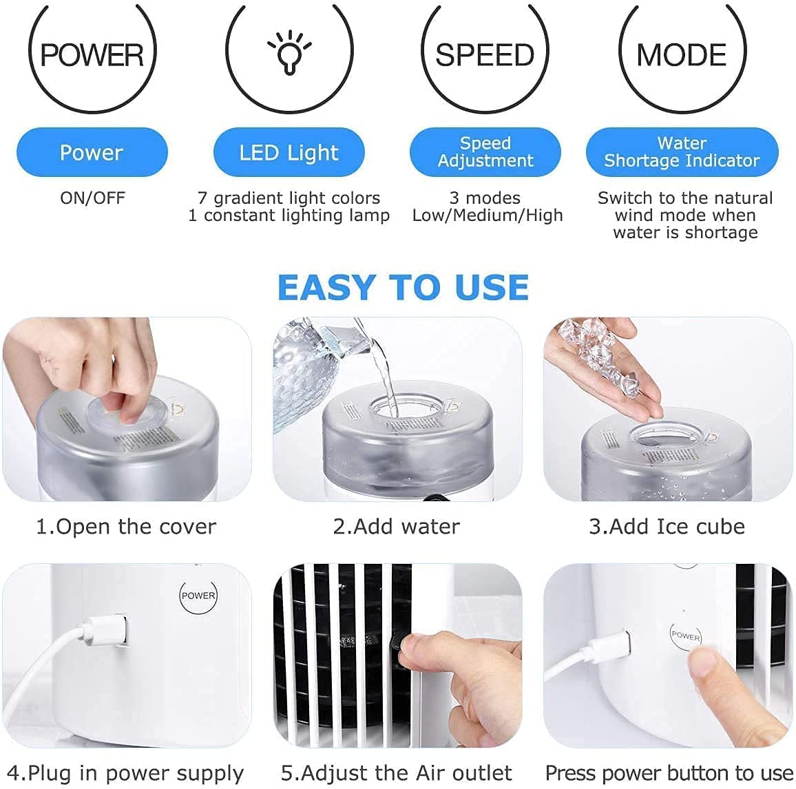 Garneck Portable Air Cooler Mini USB Air Conditioner Fan Desktop Cooling Fan with 3 Speeds for Home Room Office ( White 4 in 1 )