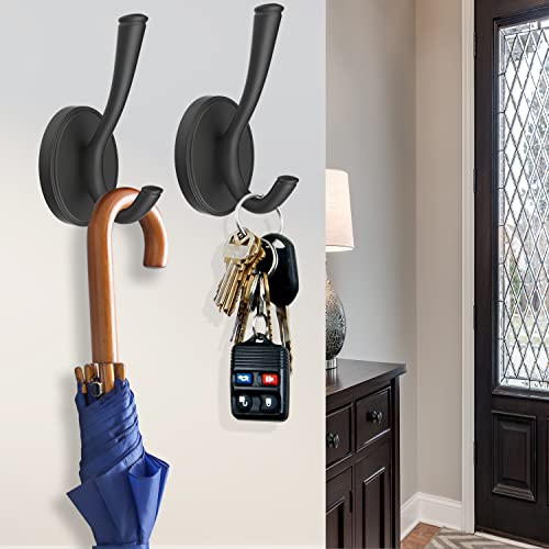 TOFIIGREM Matte Black Wall Hooks Double Hook, Heavy Duty Thick Metal Bath Coat Hooks for Hanging Key Robe Hat Backpack, Wall Mount Hooks Bathroom Kitchen Garage Hooks(4 Pack, Black)