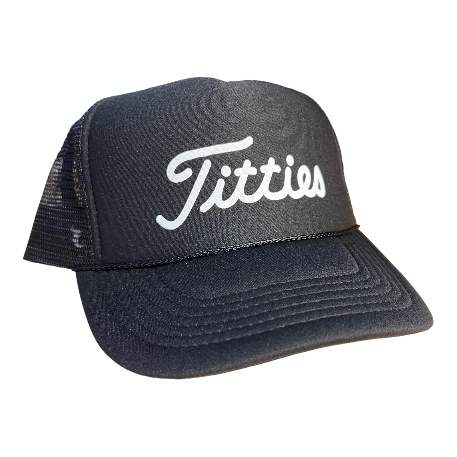 FUNNY TRUCKER HATS,Titties Snapback Trucker Hat for Men or Women,Vintage Fit with Funny Novelty Graphic,Custom Mesh Cap Golf Golfing Hat(Black/White),Medium-X-Large