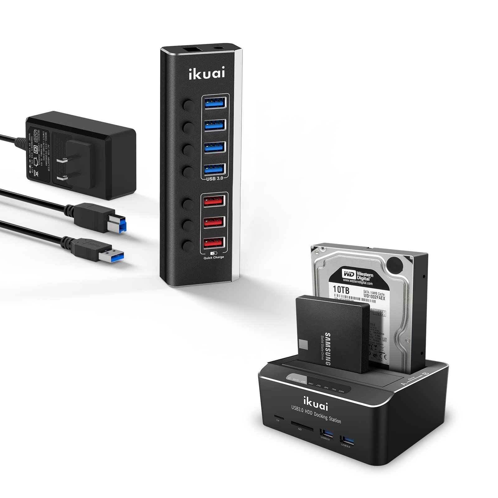ikuai SATA to USB 3.0 Dual Bay Hard Drive Dock + 7 Ports USB Hub Aluminum with 4 USB Data Ports & 3 Fast Charging Port(12V/3A Power Adapter)