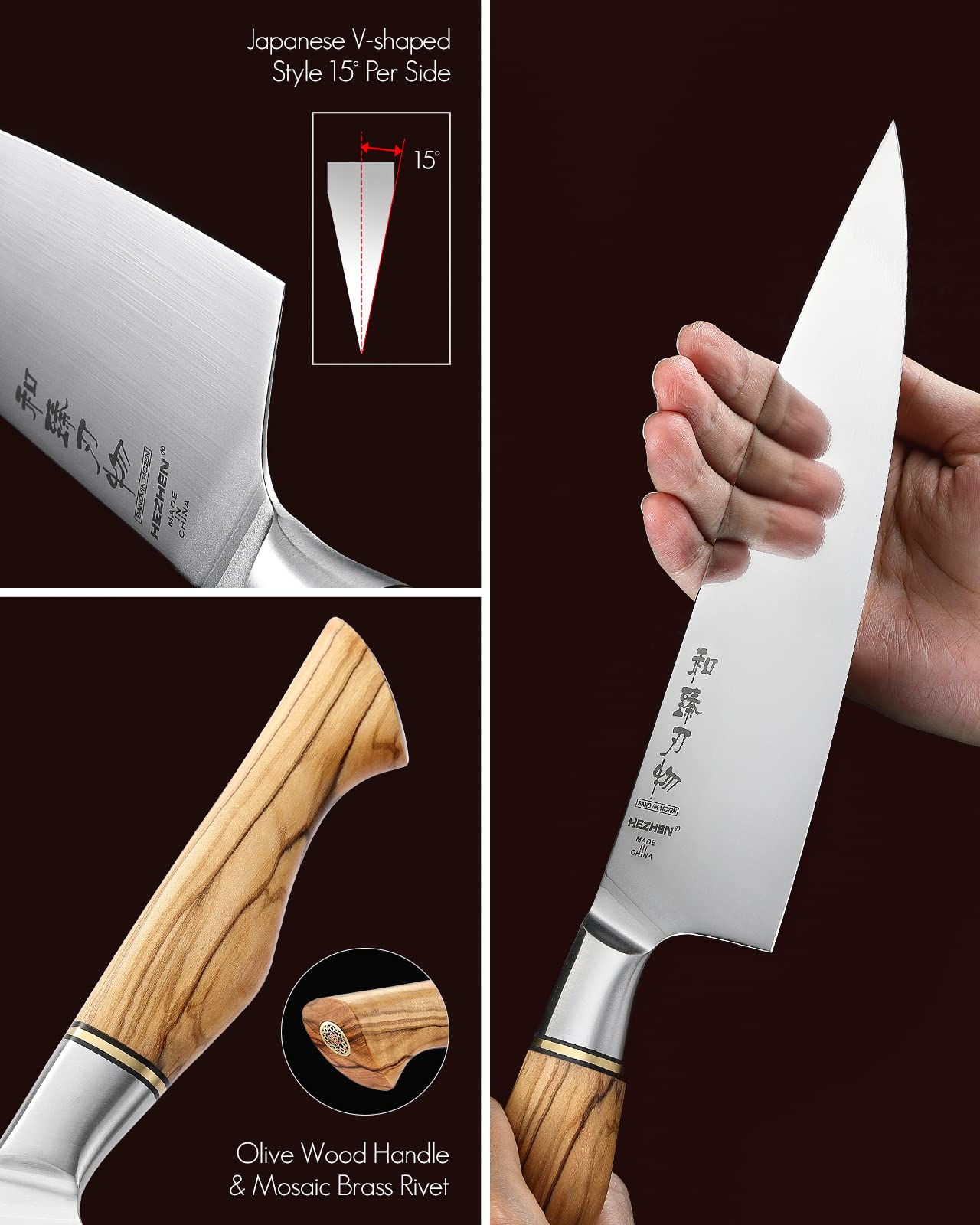 HEZHEN Sweden Sandvik stainless steel knife set Chef Santoku bread vacuum heat treatment 14C28N hand forged kitchen knives cooking tools
