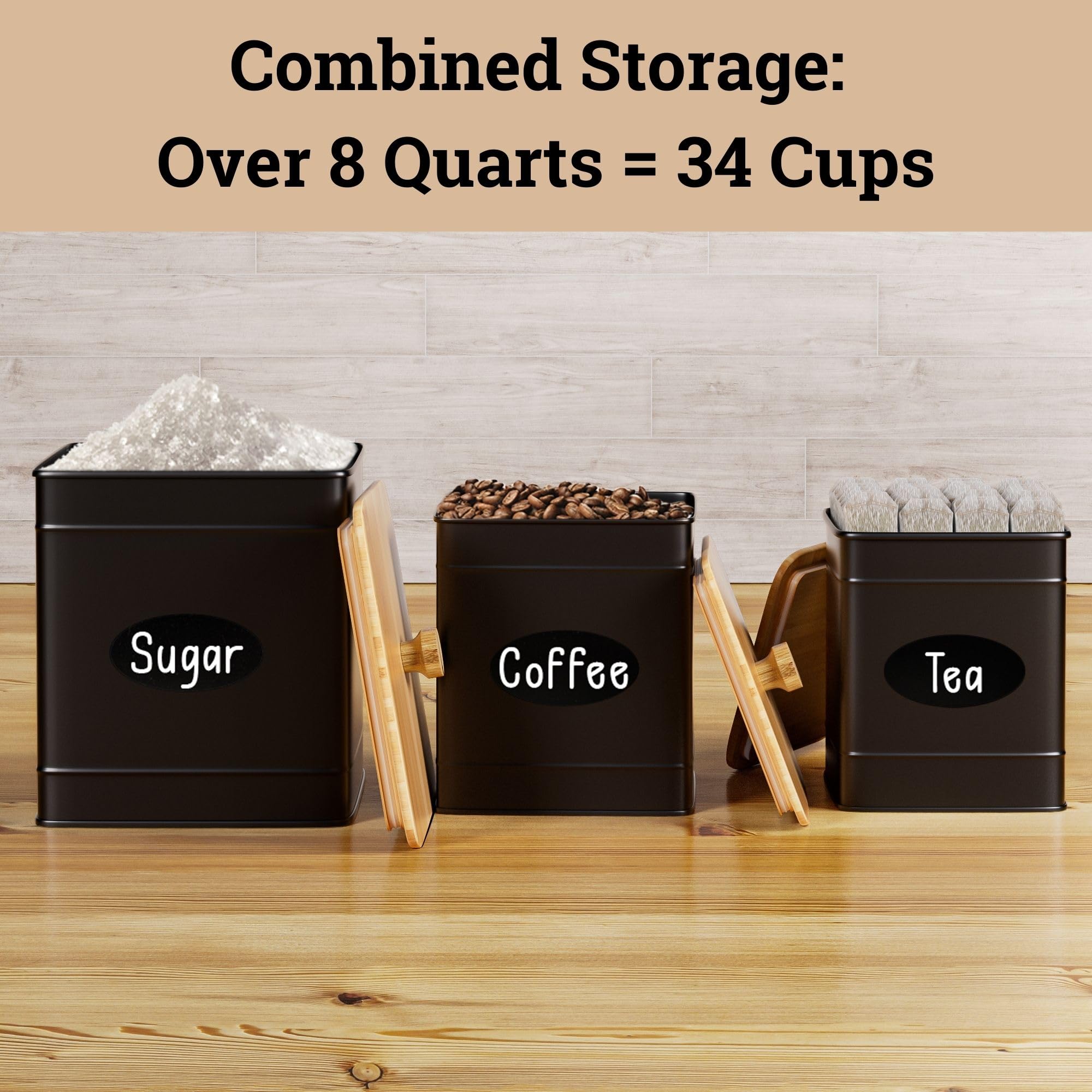 Kitchen Canisters for Countertop Set of 3 with Customizable Chalkboard Labels & Marker Pen - Big Iron Kitchen Canisters with Airtight Lids - Canisters Sets for the Kitchen - Black Kitchen Canister Set