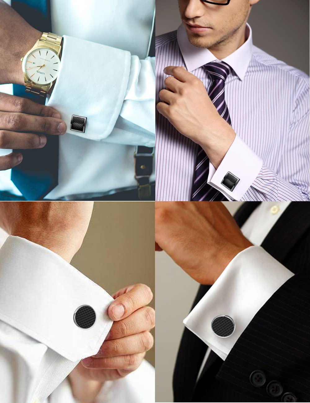 Fxiqini 2 Pairs Classic Tuxedo Cufflinks for Men Bridegroom Flat Square Round Knot Cuff Links For Business Wedding Silver Black Tone
