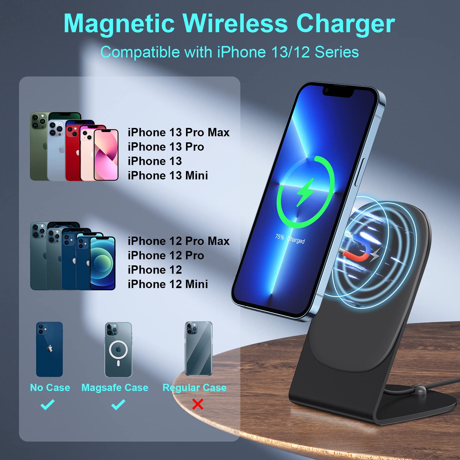 Magnetic Wireless Charger Compatible with13/12 Series,Charger with 20W USB-C Power Adapter, Aluminum Alloy Convertible Fast Wireless Charging Pad/Stand for Phone 13/12 Pro Max Mini