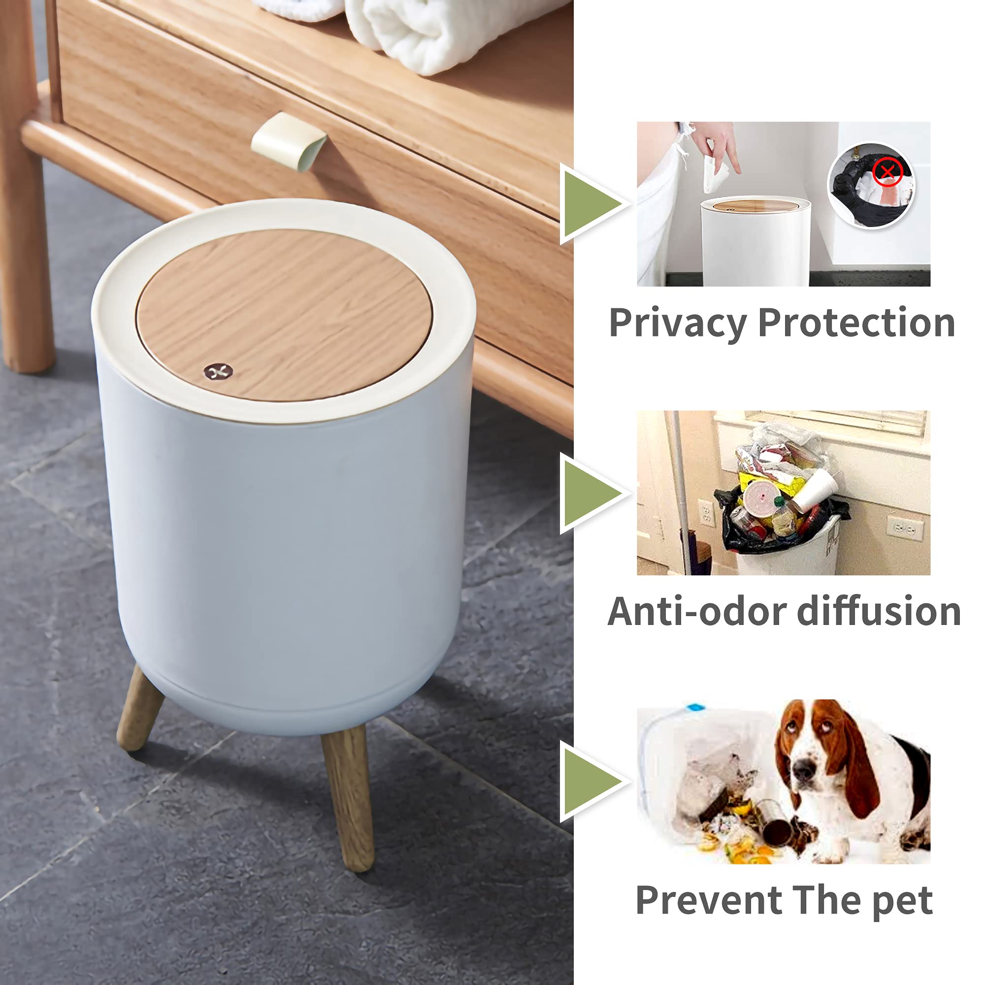 Trash can 1.8 Gallon,Dsektop garbage can 0.5 Gallon (2 Pieces) Mini Trash can with press top Lid, Nordic Modern waste basket, Office, Outdoor,Dog proof trash can(White)