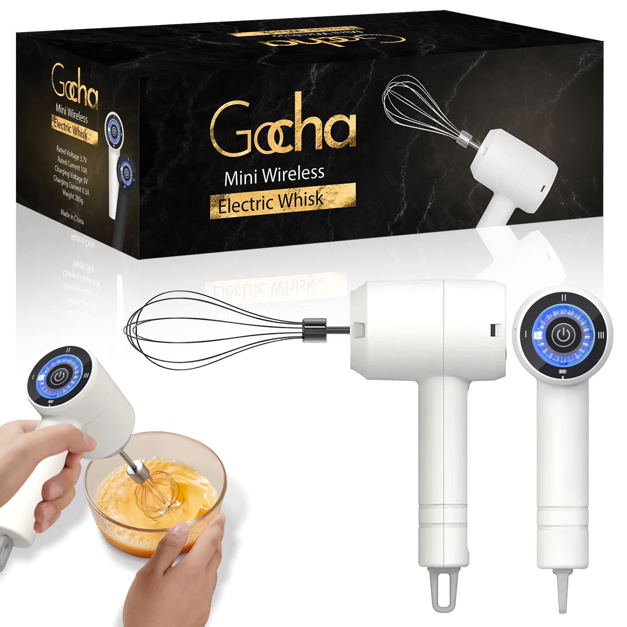 GOCHA Gadgets | Hand Whisk Electric | 3 Speed Handheld Mixer | Two Whisk Mount Baking Mixer | Cordless Electric Hand Mixer For Eggs, Soups, Cream, Batters | Portable, Wireless & Rechargeable (White)