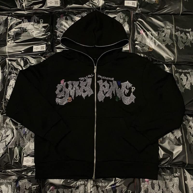 Faretumiya Women Men Rhinestone Hoodie Y2k Graphic Zip Up Unisex Sweatshirt Sparekly Oversized Pullover Jacket Streetwear(black two,Medium)