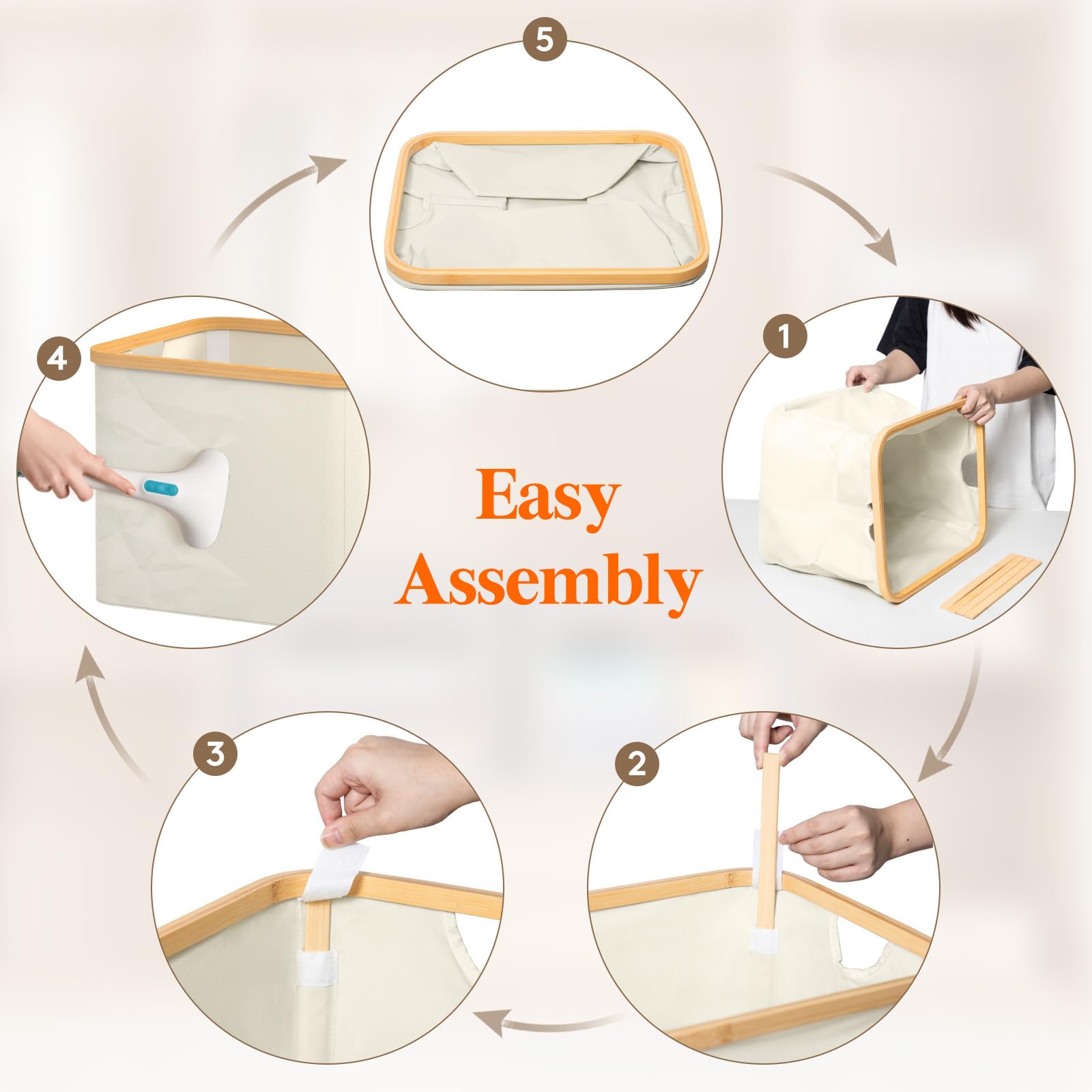 Lifewit 42L Collapsible Storage Bin with Bamboo Handles, Foldable Storage Basket for Organizer, Storage Cubes for Closet and Shelves, Dorm, Laundry Room, Bedroom, White, 3 Pack